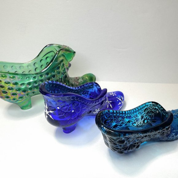 Art | Fenton Trio Signed Iridescent Green Navy Blue Cobalt Blue Hand ...